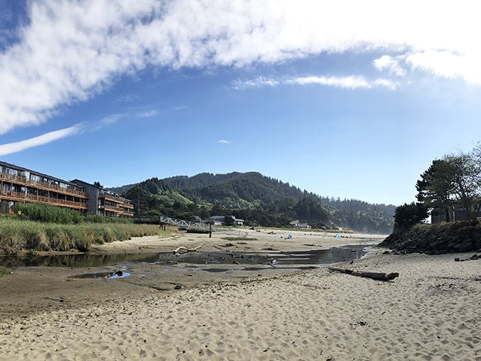 Low tide reveals Neskowin's expansive beach canvas, where mountains meet ocean in that quintessential Oregon coast drama that never gets old.