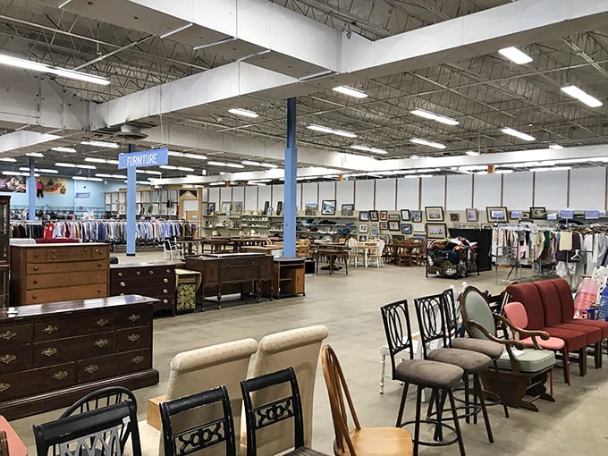 A thrifter's paradise stretches before you &ndash; furniture, artwork, and clothing organized with surprising precision for maximum discovery potential.