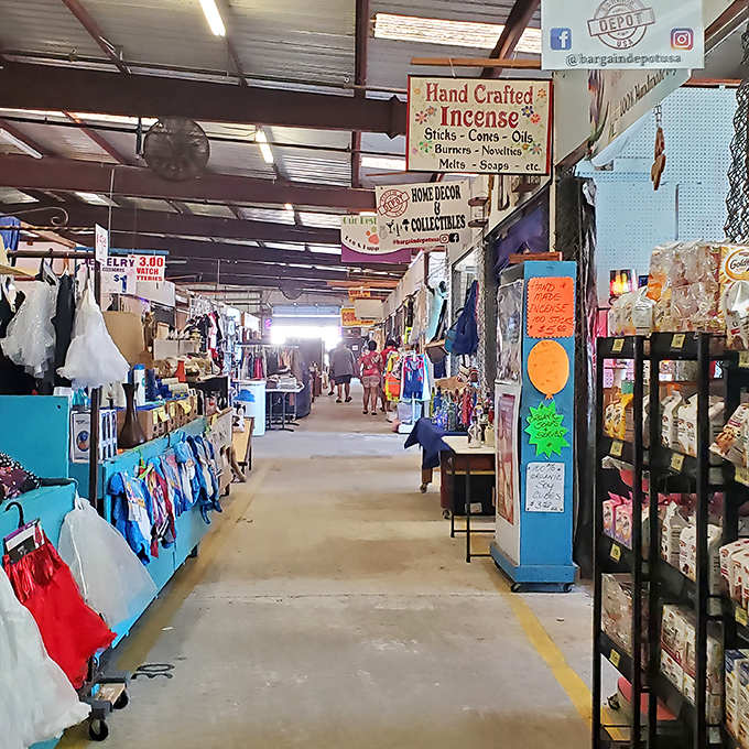 Colorful merchandise lines both sides of this well-traveled corridor. Home decor, clothing, and collectibles compete for your attention and wallet.