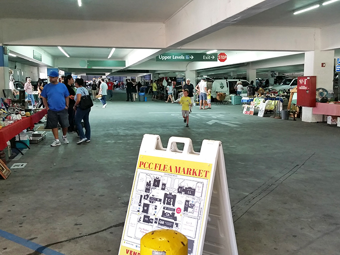Inside the parking structure, the hunt continues! Climate-controlled treasure hunting means you can find vintage gold without the vintage sweat.
