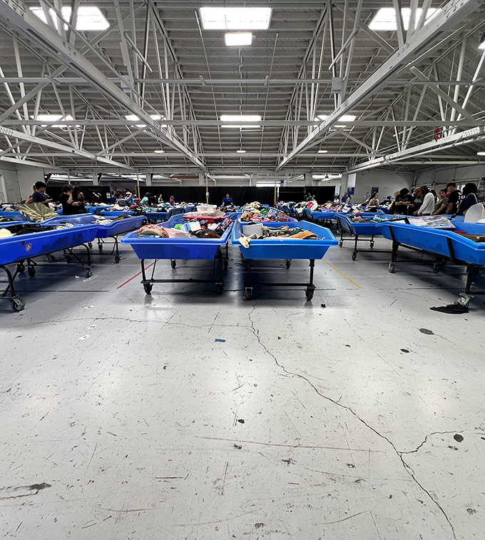 Rows upon rows of blue bins stretch toward the horizon like an ocean of possibilities. Dive in if you dare!