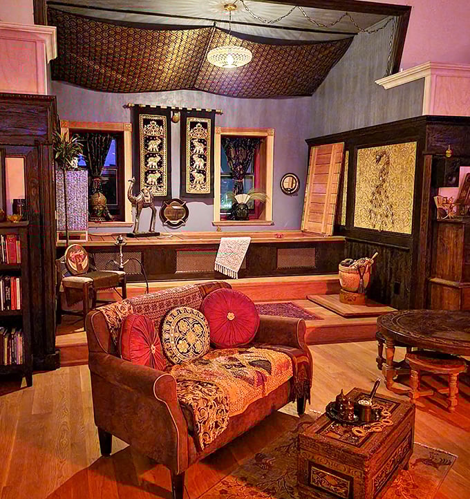 This eclectic sitting room blends Eastern influences with Victorian sensibilities, creating a space where both the living and, well, the possibly non-living might feel at home.