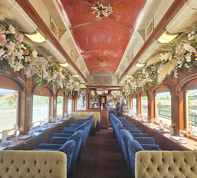 Step inside this rolling palace where the ceiling rivals Versailles and the blue velvet chairs are more comfortable than your favorite recliner at home.