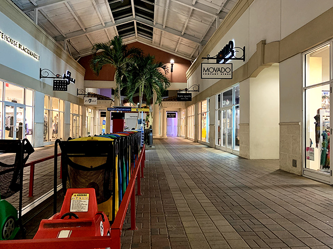 Indoor shopping corridors offer blessed air conditioning and a palm tree or two, proving Florida knows shopping comfort is as important as shopping deals.