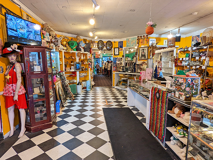 Step into a wonderland where the classic checkerboard floor leads you through aisles of carefully curated chaos and delightful discoveries.