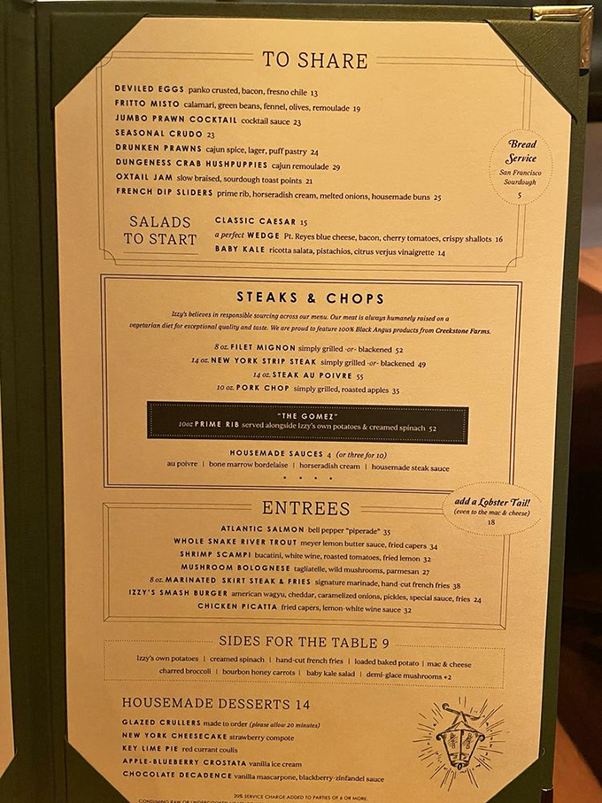 The menu reads like a love letter to carnivores, with "The Gomer" prime rib commanding attention like the headliner at a rock concert.