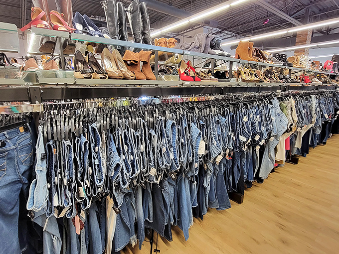 The denim library would make Marie Kondo weep with joy. Every shade of blue, perfectly organized&mdash;a far cry from chaotic thrift store bins.
