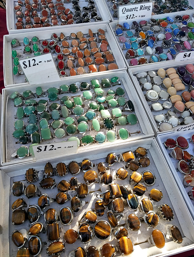 Semi-precious stones sparkle like candy in organized boxes, making gemstone shopping surprisingly affordable and addictive.
