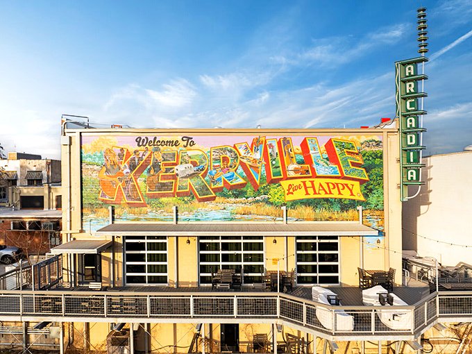 "Welcome to Kerrville, Stay Happy" &ndash; this vibrant mural captures the town's colorful spirit and serves as a perfect photo opportunity for visitors.