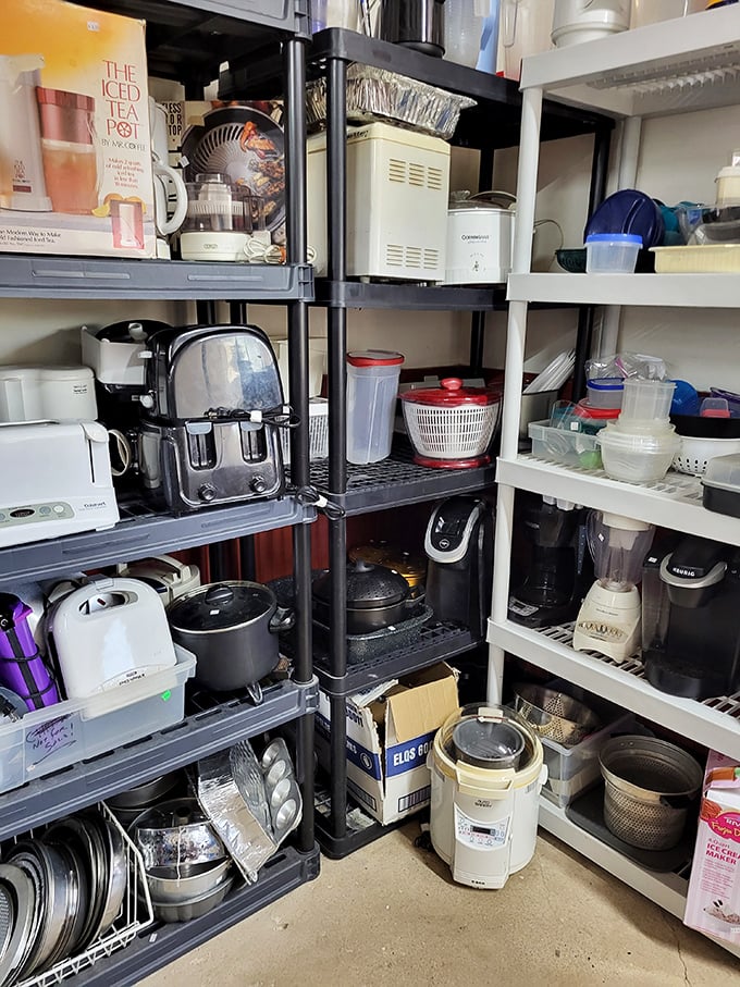 Kitchen gadget heaven! From bread machines to blenders, these shelves hold the culinary tools of yesterday ready for tomorrow's meals.