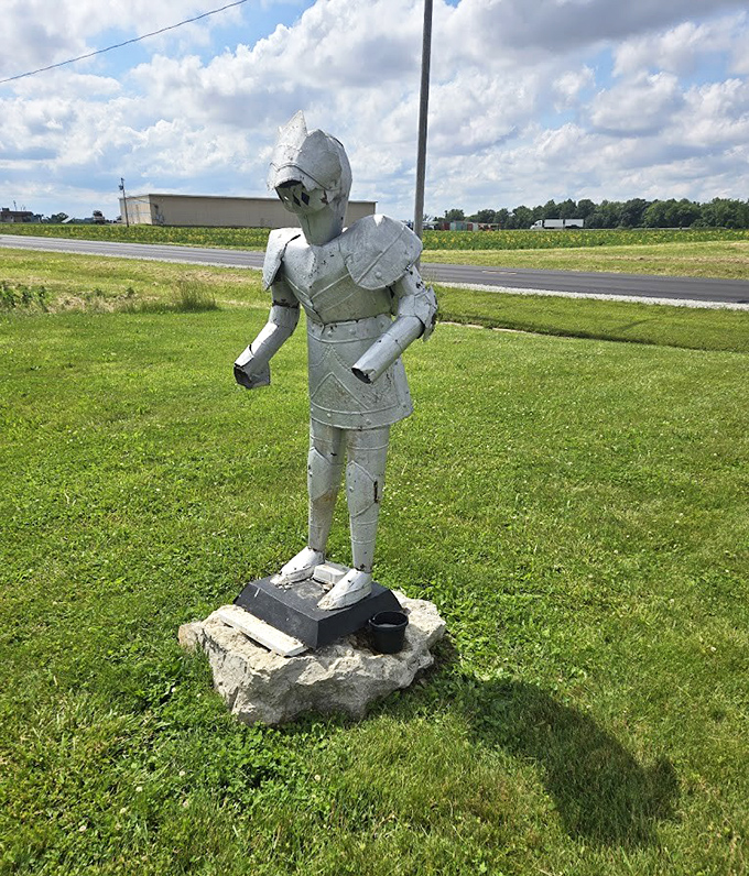 Every dragon needs a worthy opponent. This metal knight stands guard nearby, eternally vigilant in his aluminum armor.