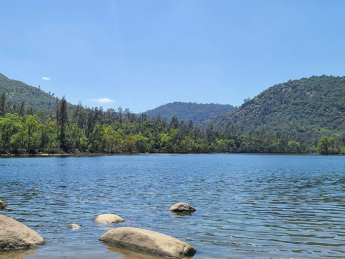 Bass Lake's serene waters reflect the Sierra peaks, creating nature's perfect mirror selfie. No filter needed on this mountain masterpiece.