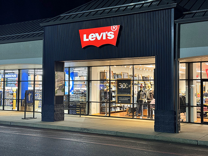 The iconic red Levi's batwing beckons like a lighthouse for denim enthusiasts. Inside lies the promised land of perfectly fitting jeans.