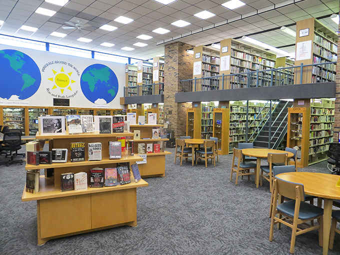 The local library isn't just about books&mdash;it's a community living room where worlds collide under those globe murals and wooden shelves.