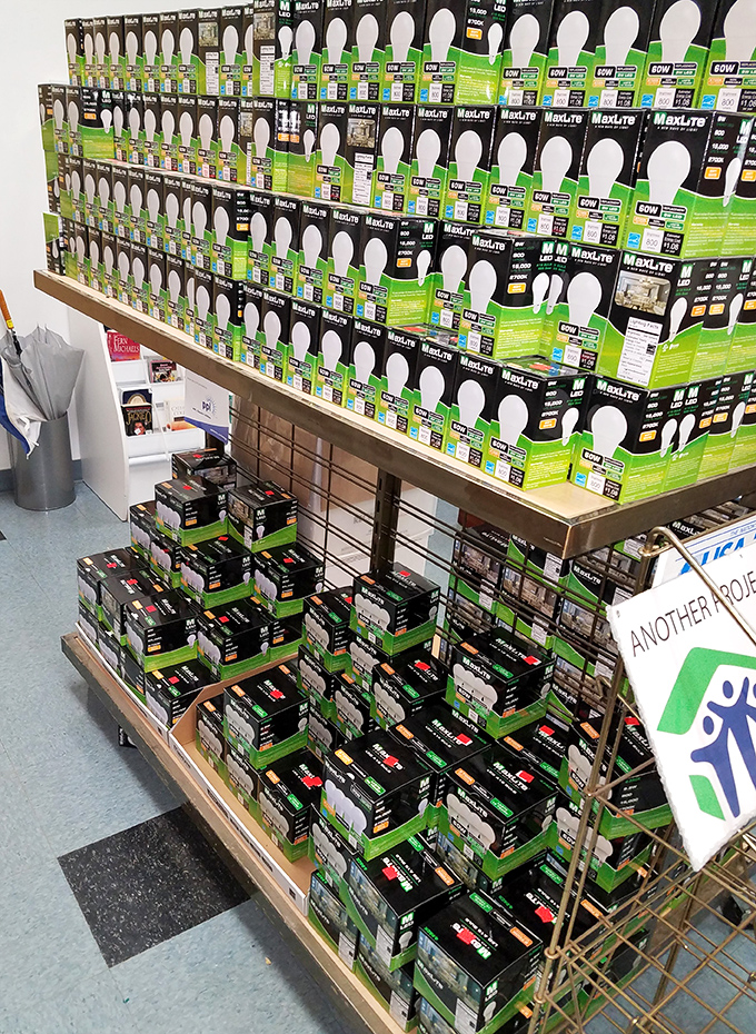 A lightbulb moment, literally! This wall of energy-efficient bulbs proves even practical necessities come with substantial savings at ReStore.