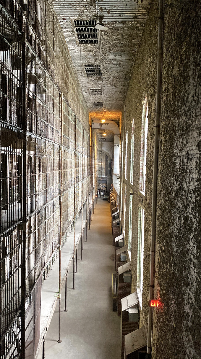 Six tiers of steel and regret stretch toward heaven, each cell a tiny chapter in America's correctional story.