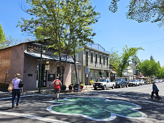 The frog-shaped street painting hints at the town's famous jumping frog legacy, immortalized by Mark Twain's celebrated short story.