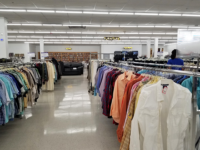 The men's section: where Hawaiian shirts that survived the '90s mingle with button-downs ready for their second career.