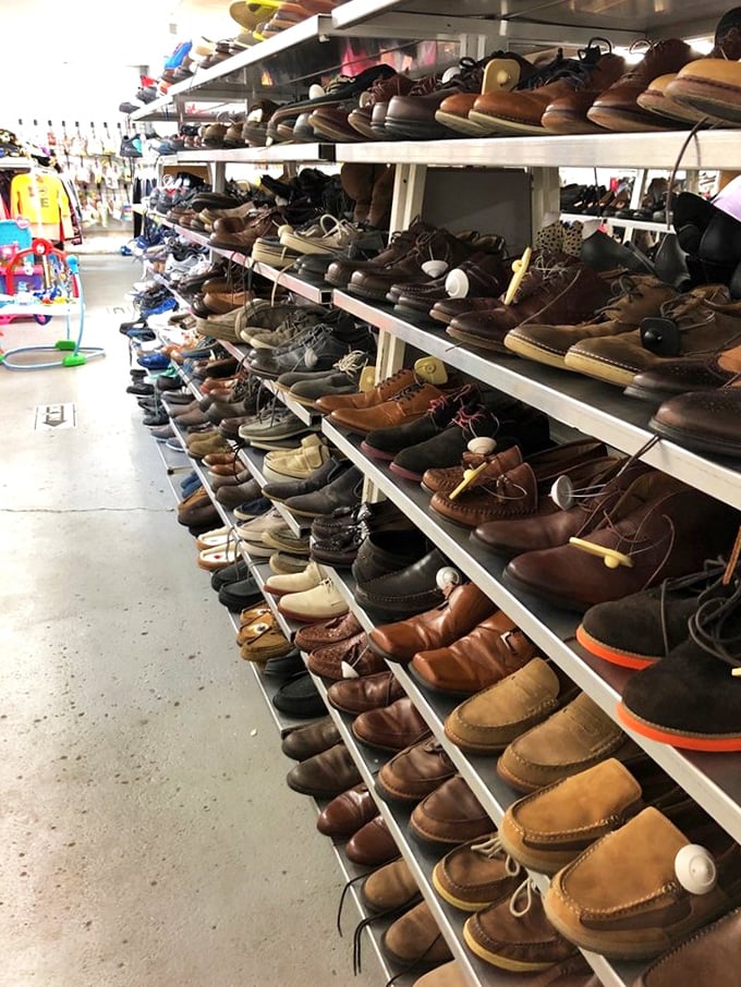 A leather lover's dream lineup! More loafers, oxfords, and boots than Imelda Marcos could shake a stiletto at&mdash;all organized with military precision.