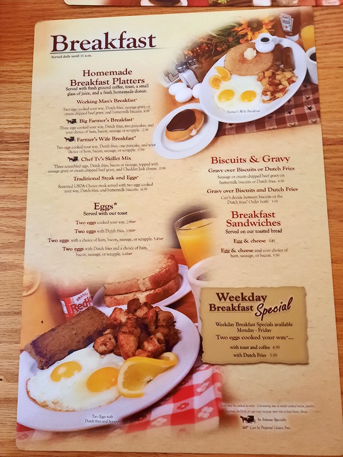 This breakfast menu isn't messing around&mdash;it's serious comfort food territory. The "Working Man's Breakfast" could fuel a day of barn-raising.