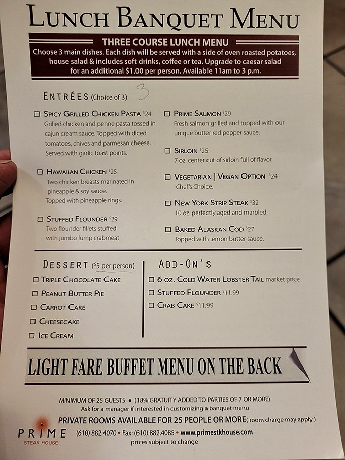 The lunch banquet menu reads like a carnivore's dream journal, with options that make "just a salad" sound like culinary surrender.