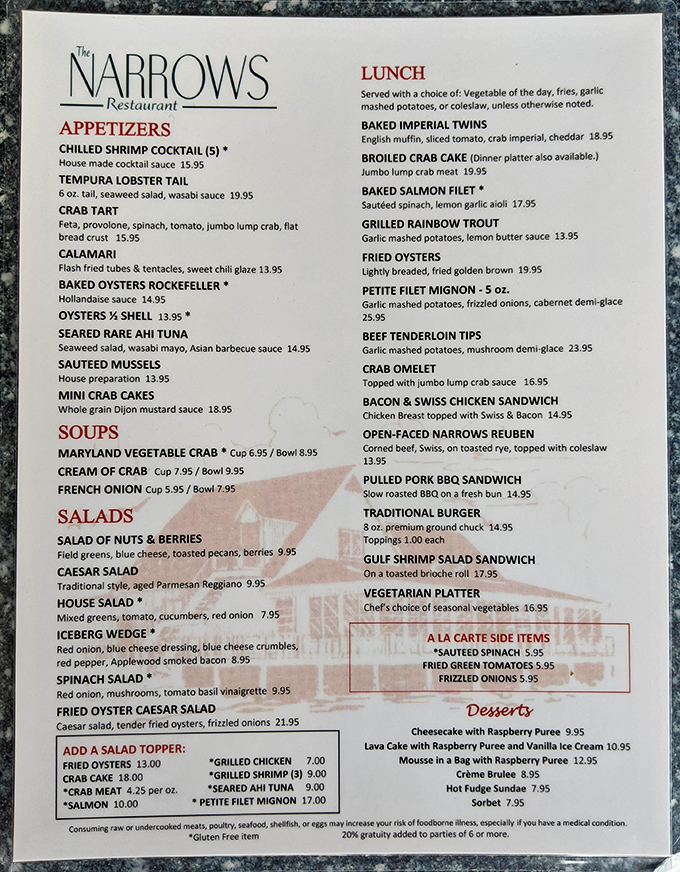 A menu that reads like a love letter to the Chesapeake. Choosing between these seafood treasures is like picking a favorite child&mdash;theoretically possible but emotionally impossible.