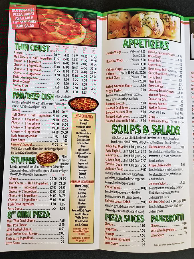 The menu tells the delicious story&mdash;pan pizza, stuffed pizza, and Carmela's Special waiting to change your life.