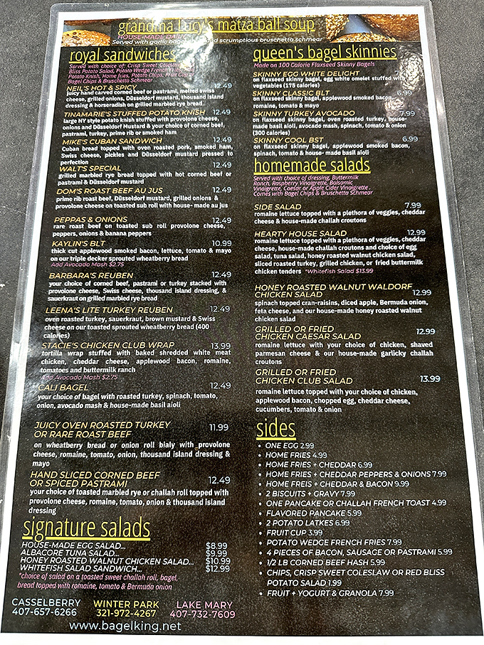 The menu reads like a love letter to New York deli culture, transplanted to the Sunshine State.