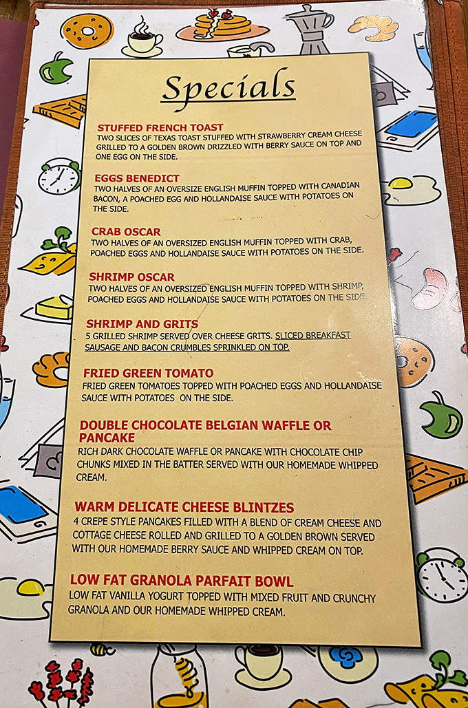 This menu reads like a love letter to breakfast enthusiasts. The shrimp and grits description alone is enough to make your stomach growl.