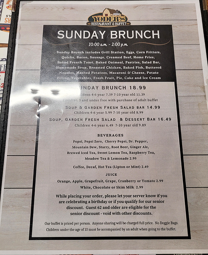 Sunday Brunch at Yoder's reads like a comfort food manifesto &ndash; corn fritters, creamed beef, and homemade pie all on one glorious menu.