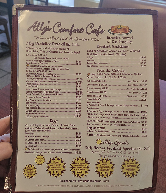 This menu isn't trying to reinvent breakfast—it's perfecting it. Each item represents decades of morning meal wisdom, from three-egg omelets to those legendary buttermilk pancakes.