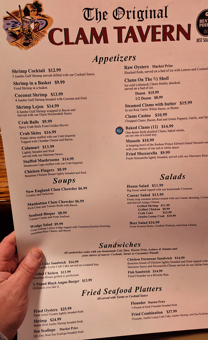 The menu reads like a love letter to the ocean, with clams taking center stage in various glorious forms.