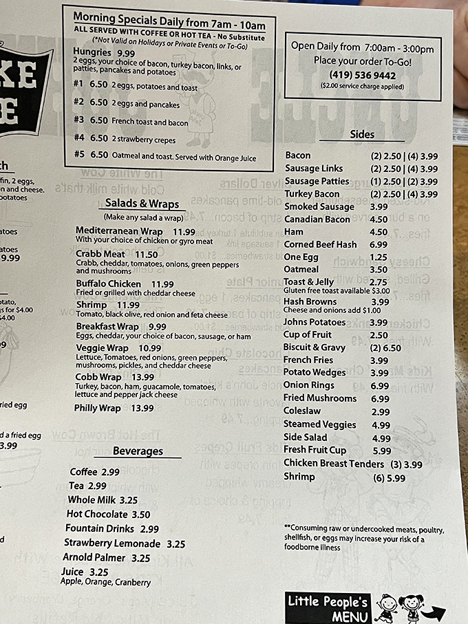 This menu isn't just a list of food—it's a roadmap to happiness. The morning specials might be the best deal since sliced bread.