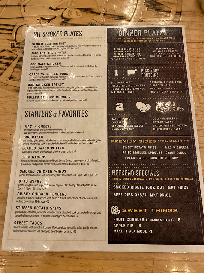 This menu isn't just a list&mdash;it's a roadmap to happiness. Each section promises smoky delights that would make a vegetarian reconsider life choices.