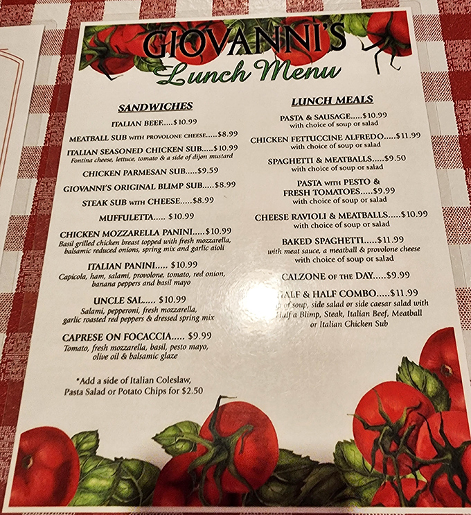 The lunch menu reads like a love letter to Italian-American classics. No molecular gastronomy here, just the hits that have kept people coming back for generations.