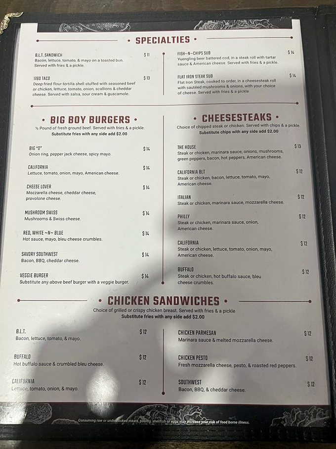 This menu reads like a love letter to pub classics, each option promising the kind of satisfaction that makes you lean back and sigh contentedly.