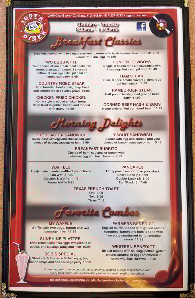 The breakfast menu reads like a love letter to morning indulgence. "Hungry Cowboys" isn't just a meal&mdash;it's a challenge wrapped in bacon and eggs.