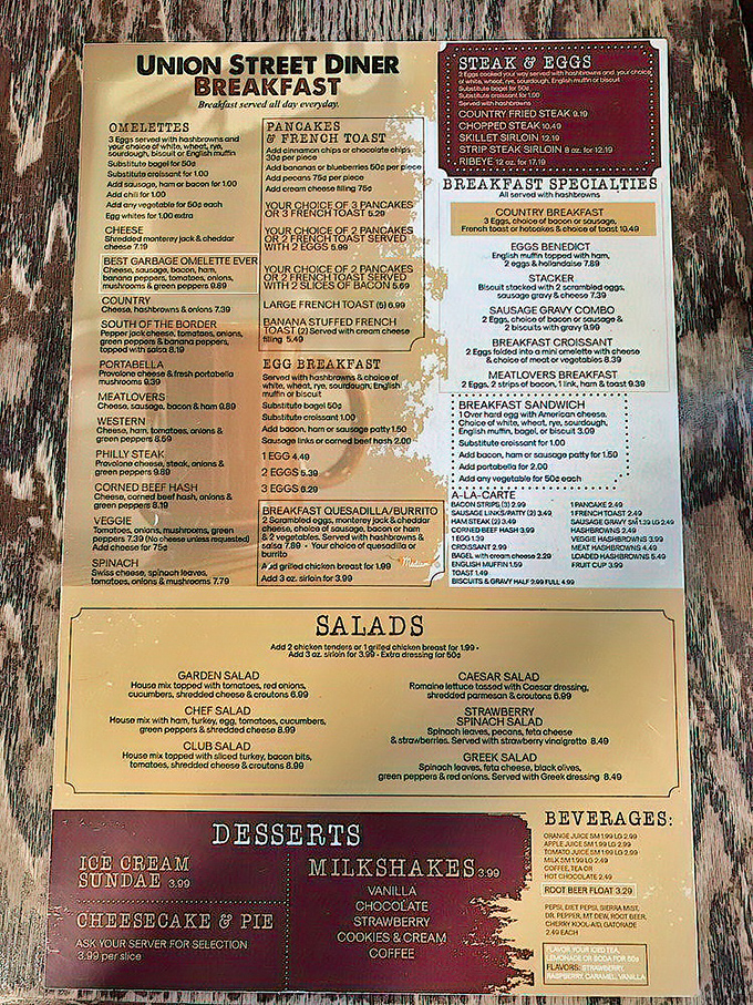 This menu isn't just a list of food—it's a roadmap to happiness. The "Best Garbage Omelette Ever" isn't being modest about its abilities.