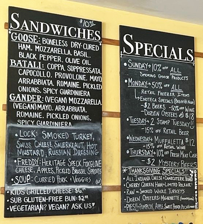The chalkboard menu reads like poetry for the hungry—each sandwich a carefully orchestrated symphony of flavors waiting to be experienced.