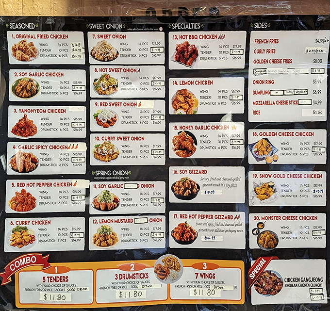 This menu board reads like a love letter to fried chicken enthusiasts everywhere.