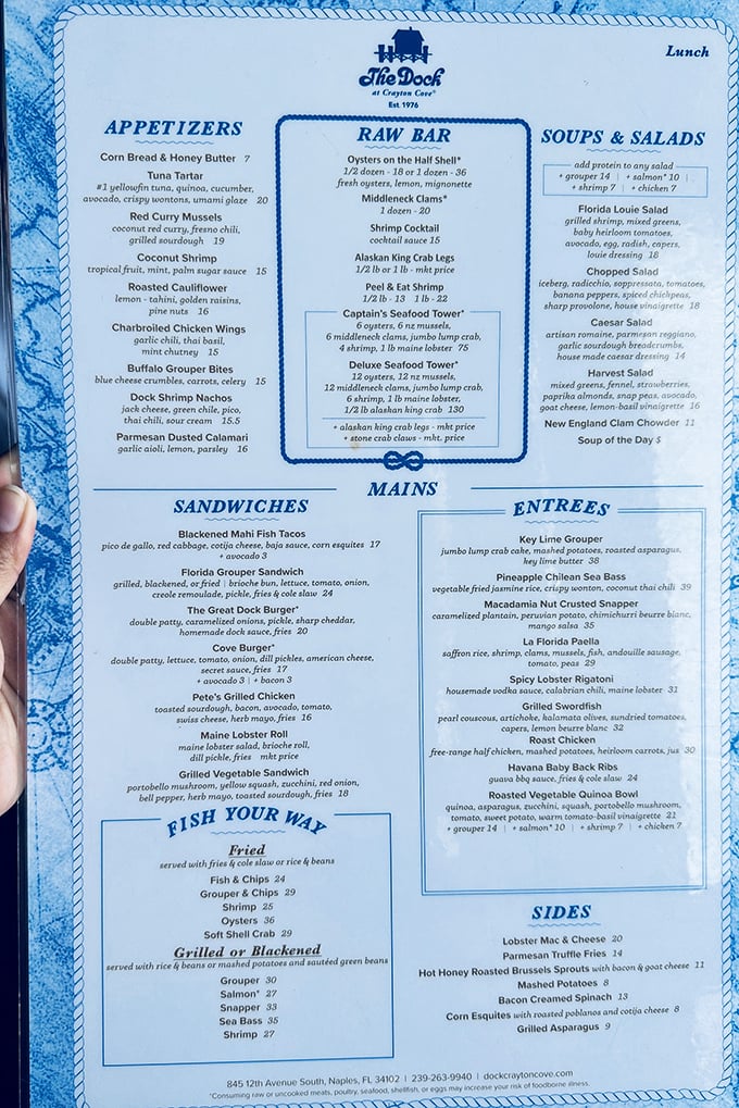 This isn't just a menu—it's a maritime treasure map where X marks the spot for everything from stone crabs to key lime grouper.