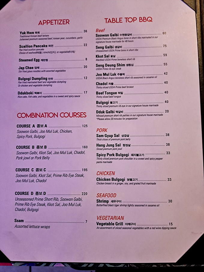 The menu reads like a carnivore's dream journal, with everything from premium galbi to those magical steamed eggs that could convert even the most devoted breakfast purist.