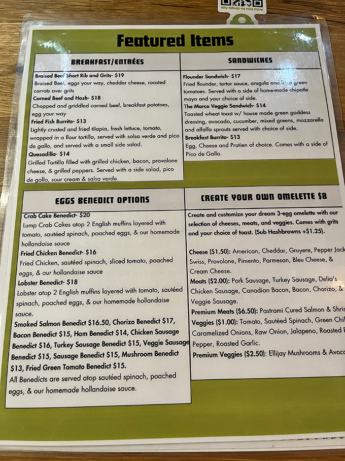 This menu isn't just a list of food&mdash;it's a roadmap to happiness. The Benedict options alone could keep you coming back for weeks.