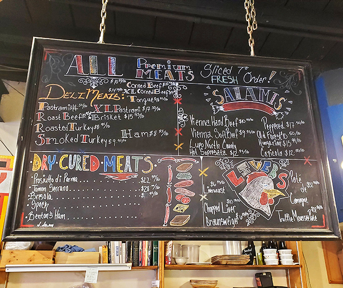 This chalkboard menu isn't just information&mdash;it's a roadmap to happiness. Each chalky promise of pastrami and corned beef is a doorway to sandwich nirvana.