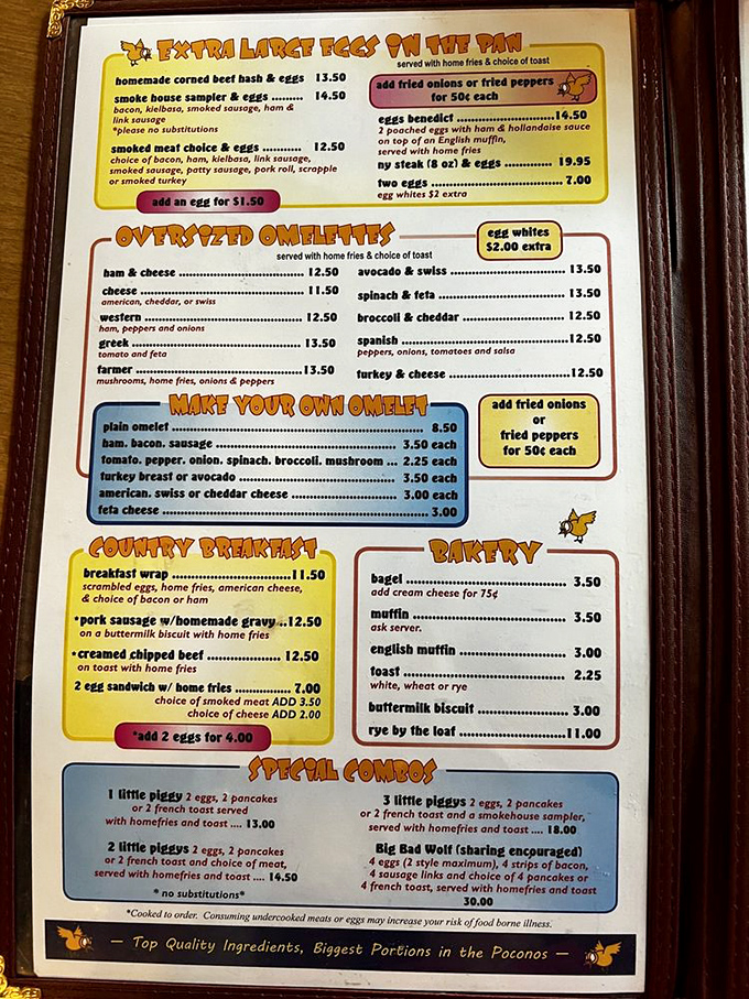A menu that doesn't need fancy fonts or chef biographies&mdash;just straightforward breakfast glory with "Biggest Portions in the Poconos" as a solemn oath.