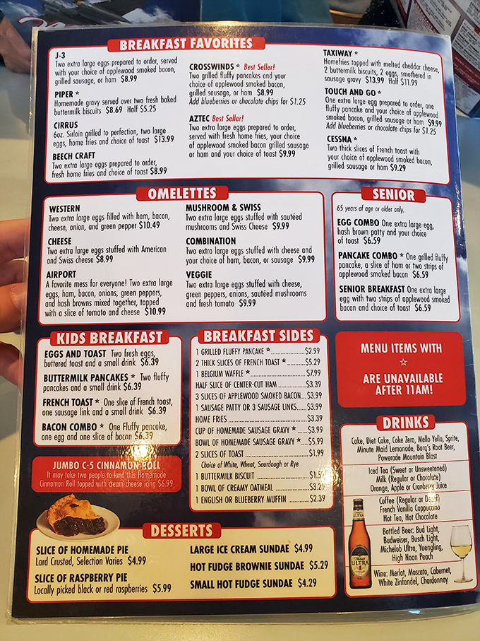 A menu that reads like a flight plan for your appetite, with breakfast favorites named after aircraft and "best sellers" that have earned their wings.