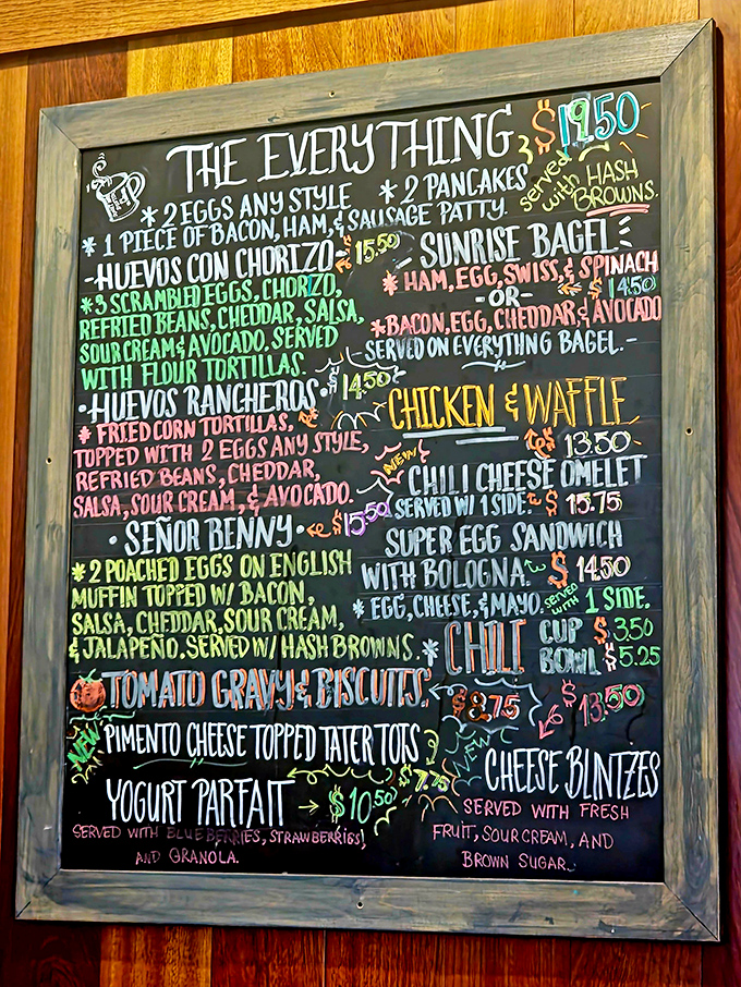 This chalkboard menu isn't just colorful&mdash;it's a roadmap to happiness. The "Everything" breakfast lives up to its ambitious name, while "Se&ntilde;or Benny" puts a Gulf Coast spin on a classic.