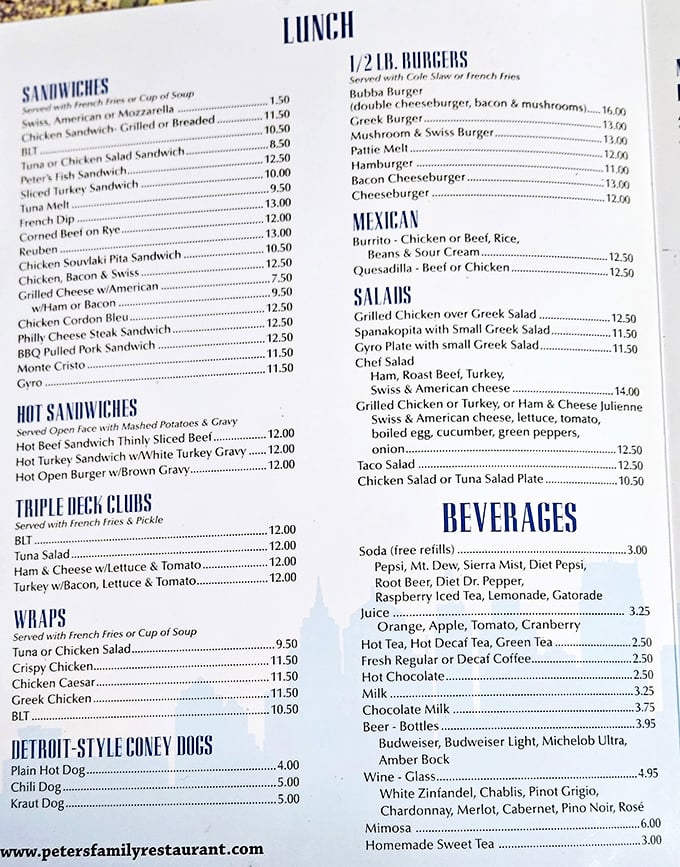 This menu reads like a love letter to American classics—where hot open-faced sandwiches still reign supreme and Detroit-style Coney dogs found their Florida home.