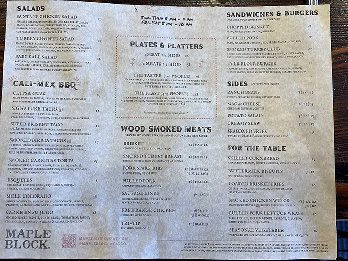 A menu that reads like barbecue poetry &ndash; each section promising smoky delights that would make even the most dedicated health enthusiast temporarily abandon their kale smoothie.