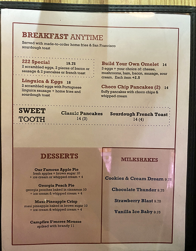 This menu isn't just a list of food&mdash;it's a roadmap to happiness. Lingui&ccedil;a and eggs at 2 AM? Now that's living!